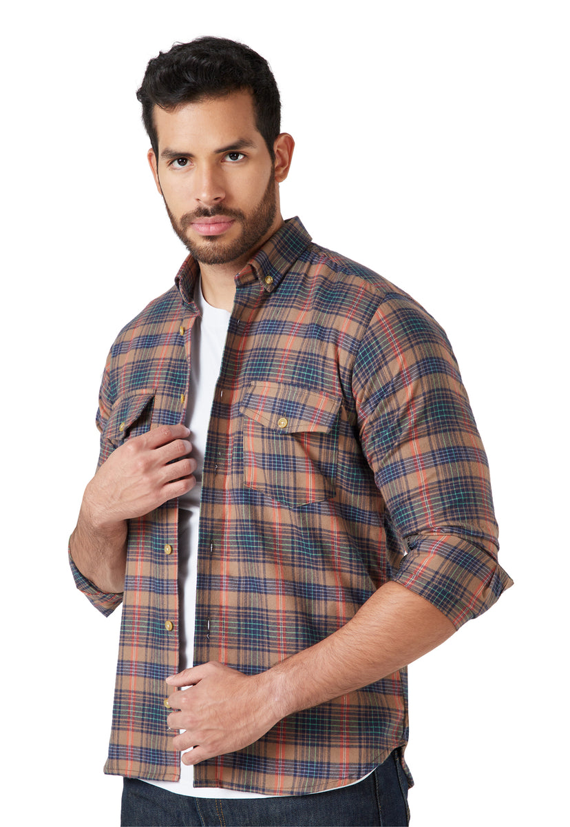Camisa manga larga leñadora camel rayas azul y roja – los caballeros