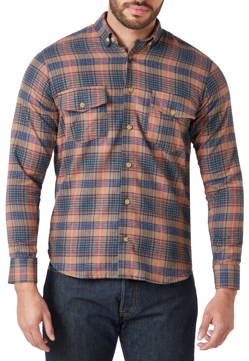 Camisa manga larga leñadora camel rayas azul y roja – los caballeros